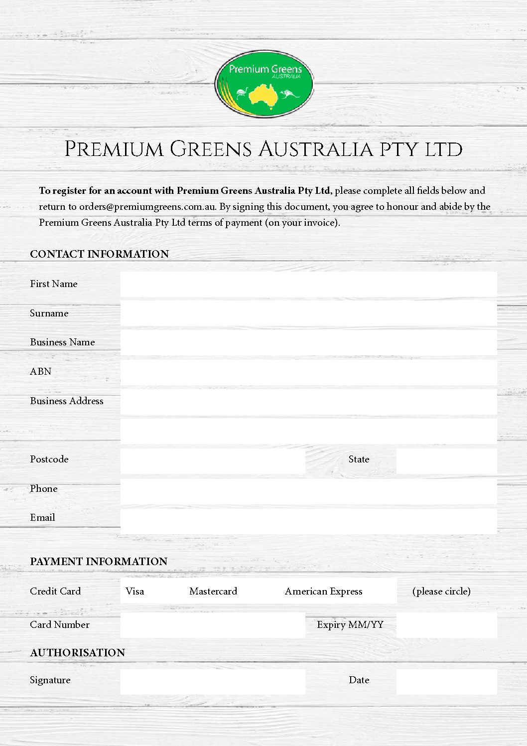 Premium Greens New Account Form | Premium Greens Australia